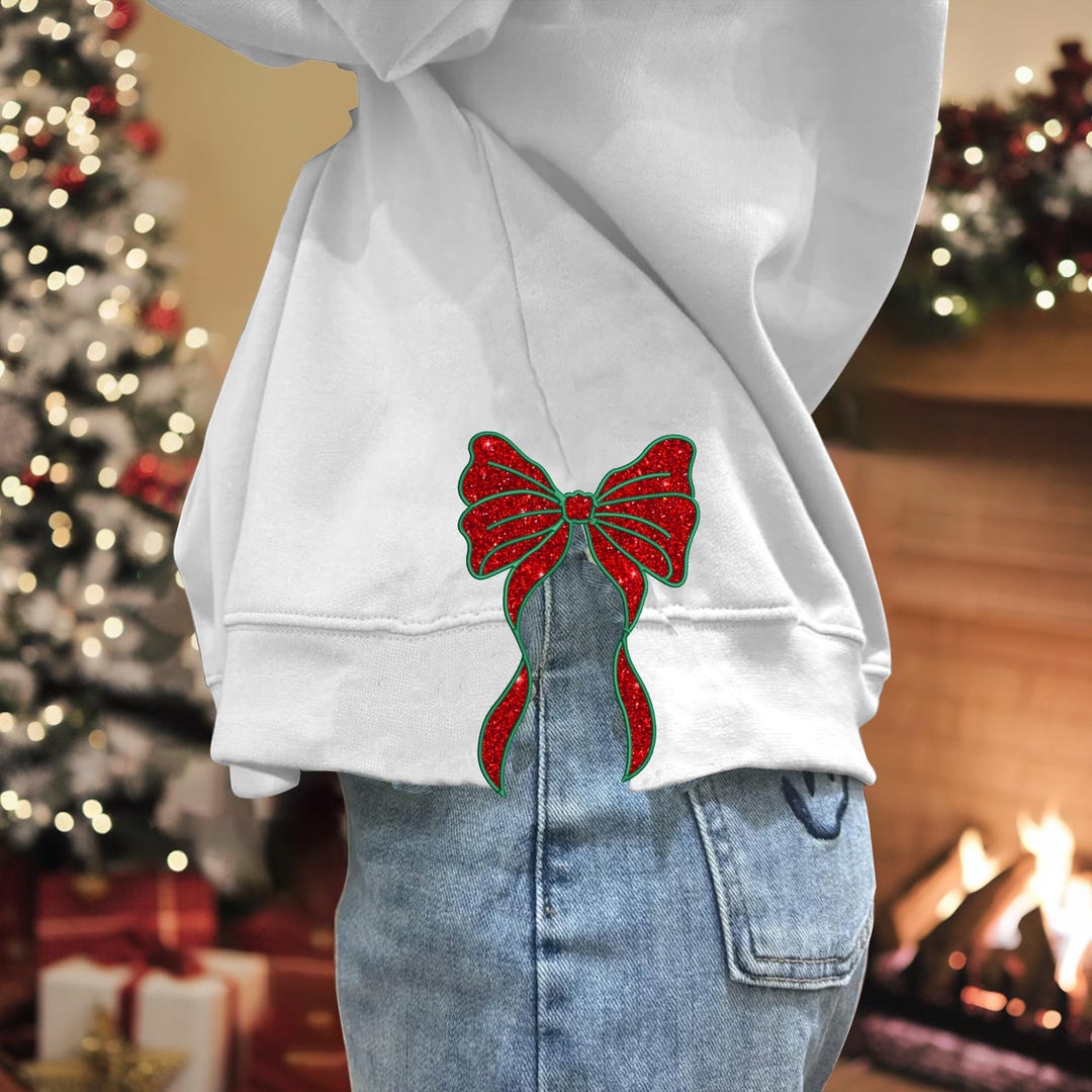 Side Bow Applique Sweatshirt Embroidery Design, Glitter Bow Christmas ...