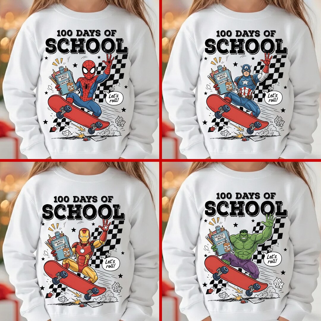 Cartoon 100 Days of School Skateboard Png Bundle, Superhero 100 Days ...