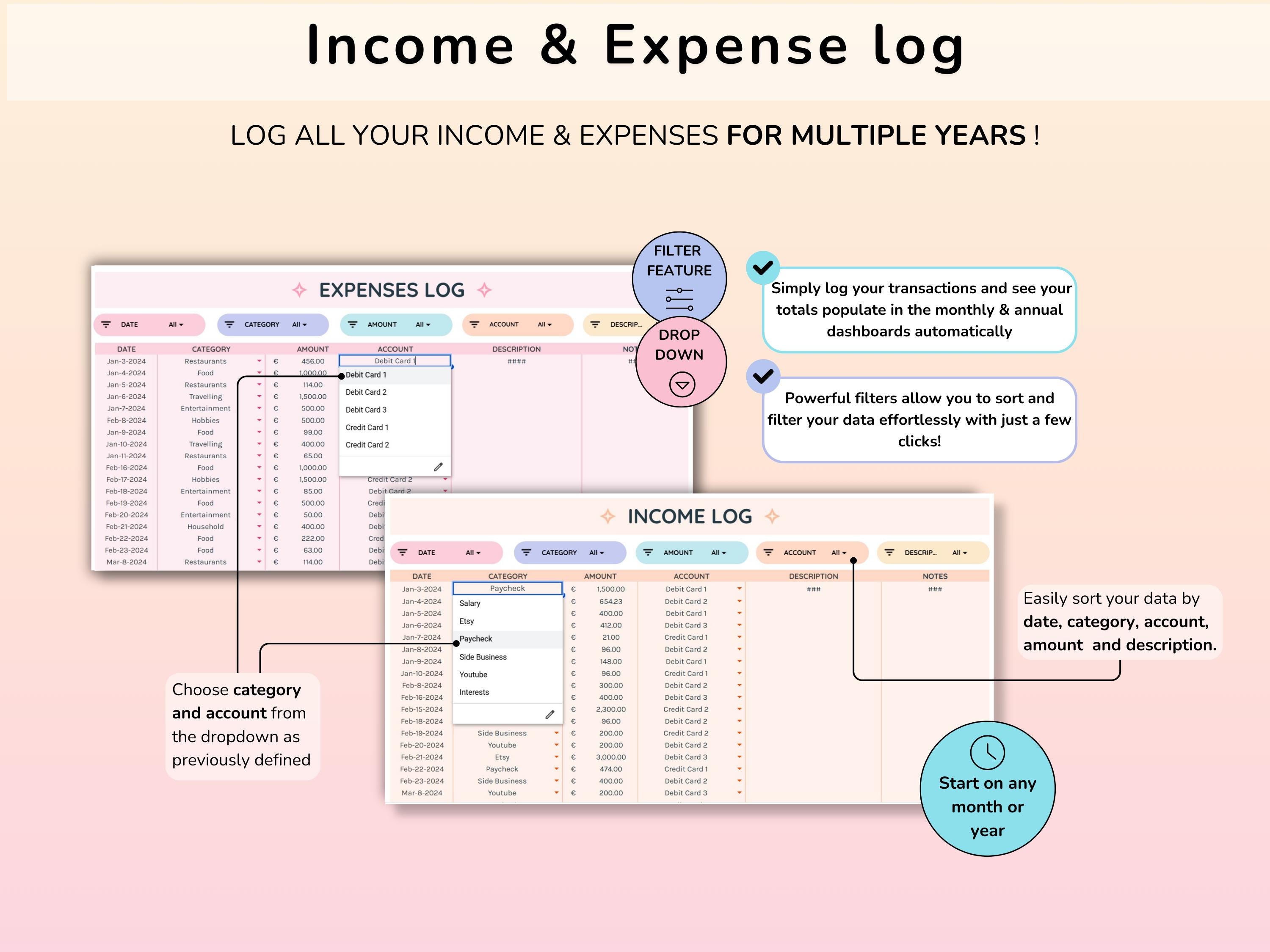 Income and Expense Tracker for Google Sheets, Annual and Monthly ...