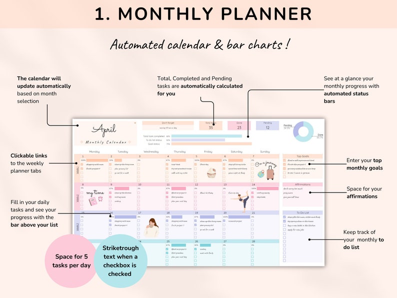 Monthly Smart Calendar for Google Sheets, Daily and Weekly Digital ...
