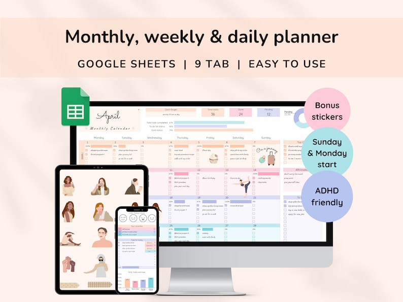 Monthly Smart Calendar for Google Sheets, Daily and Weekly Digital ...