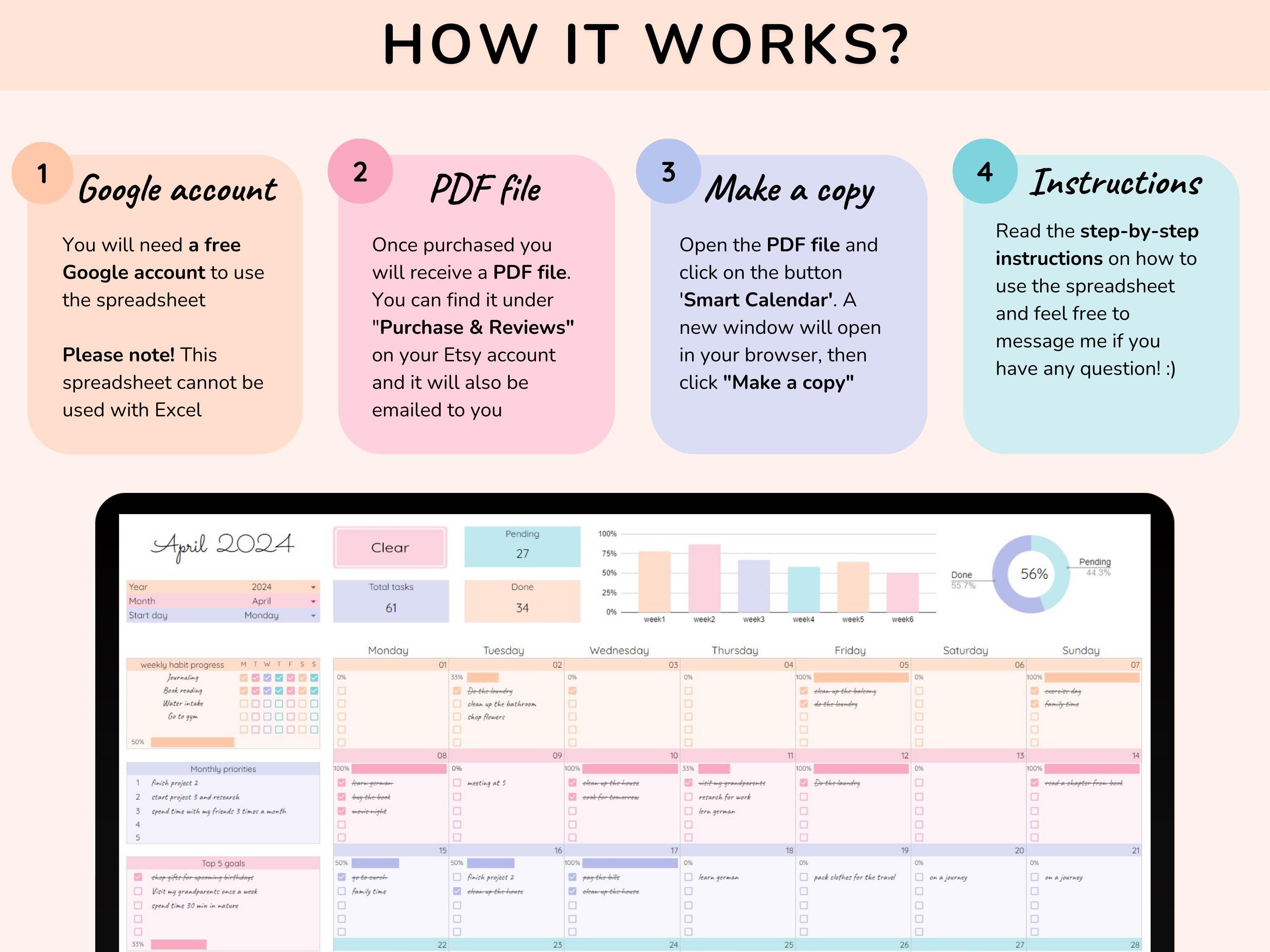 Digital Smart Calendar for Google Sheets, Task Tracker Spreadsheet ...