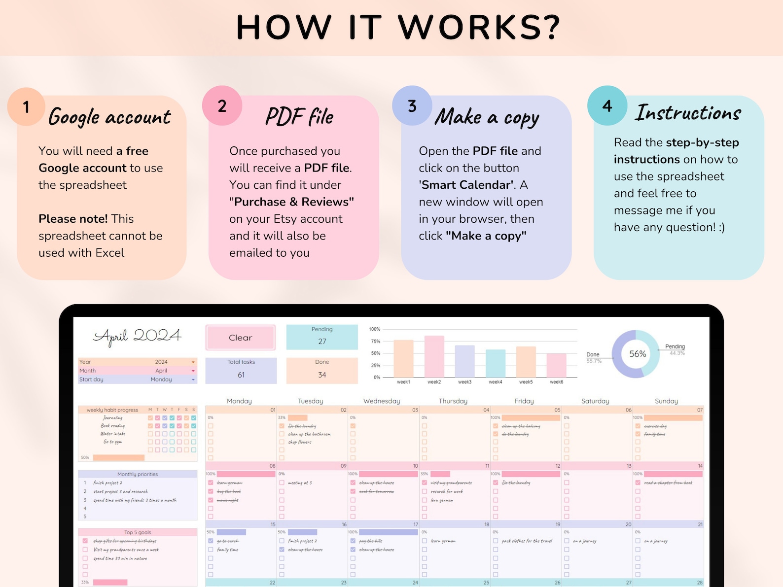 Digital Smart Calendar for Google Sheets, Task Tracker Spreadsheet ...