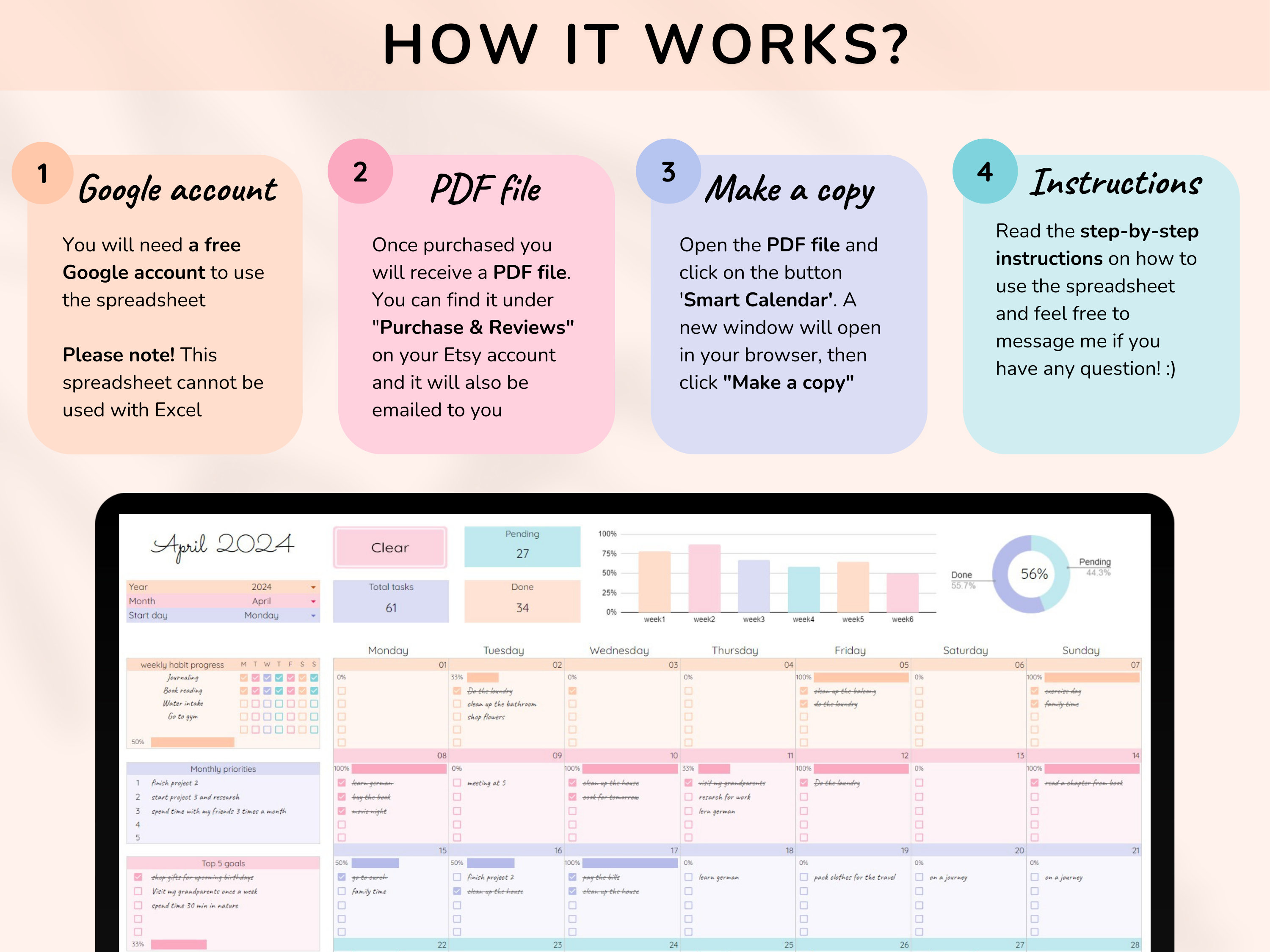 Digital Smart Calendar for Google Sheets, Task Tracker Spreadsheet ...