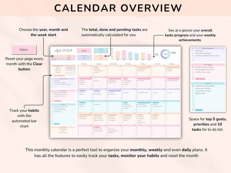Digital Smart Calendar for Google Sheets, Task Tracker Spreadsheet ...