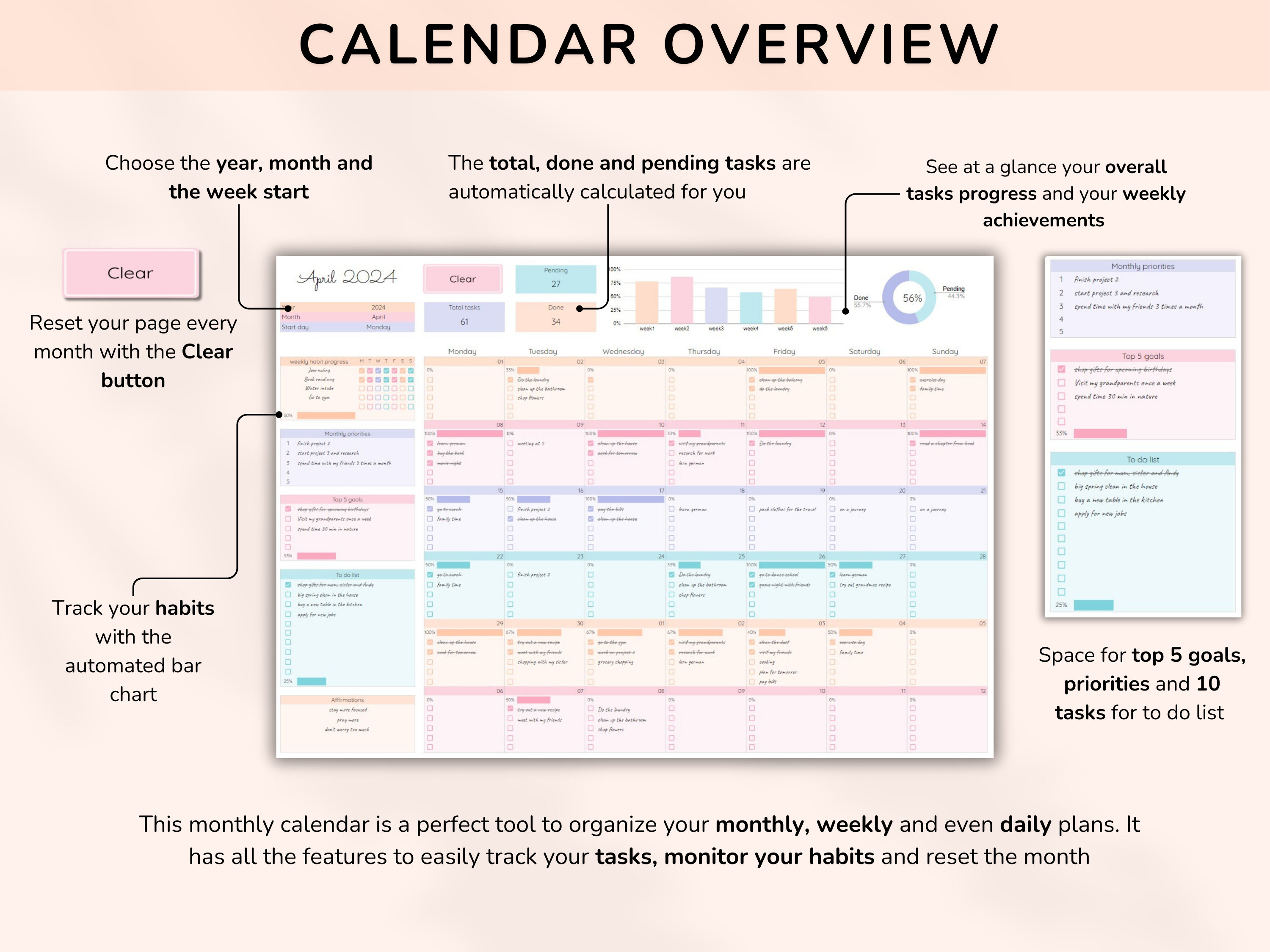 Digital Smart Calendar for Google Sheets, Task Tracker Spreadsheet ...