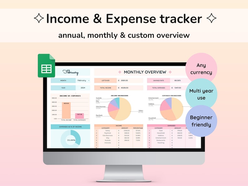 Income and Expense Tracker for Google Sheets, Annual and Monthly ...