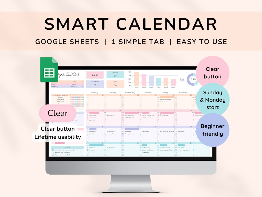 Digital Smart Calendar for Google Sheets, Task Tracker Spreadsheet ...