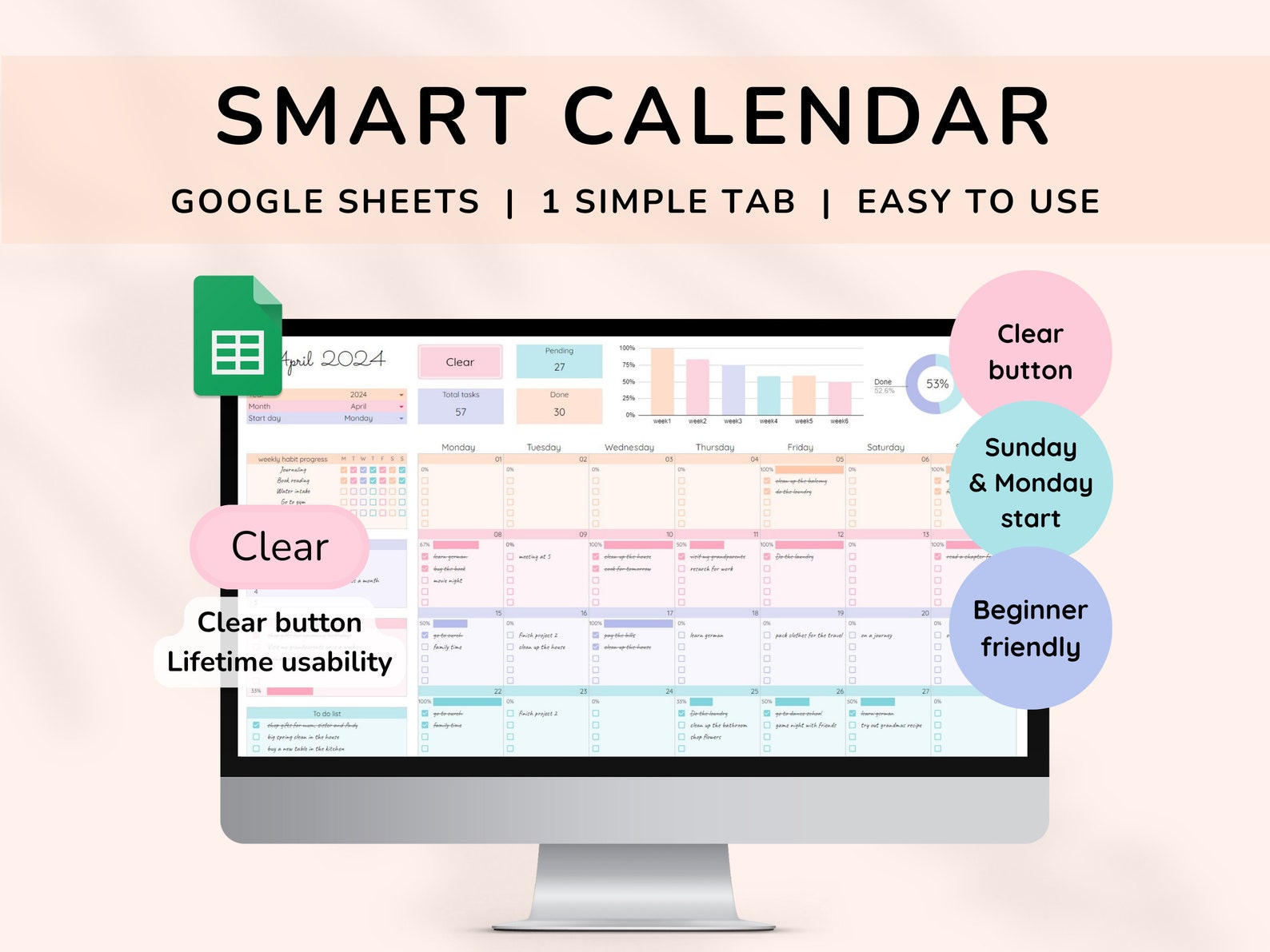 Digital Smart Calendar for Google Sheets, Task Tracker Spreadsheet ...