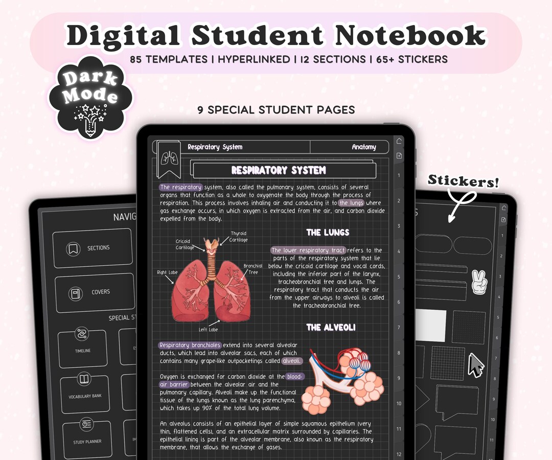 Digital Student Dark Mode Notebook Hyperlinked Notebook for Goodnotes ...