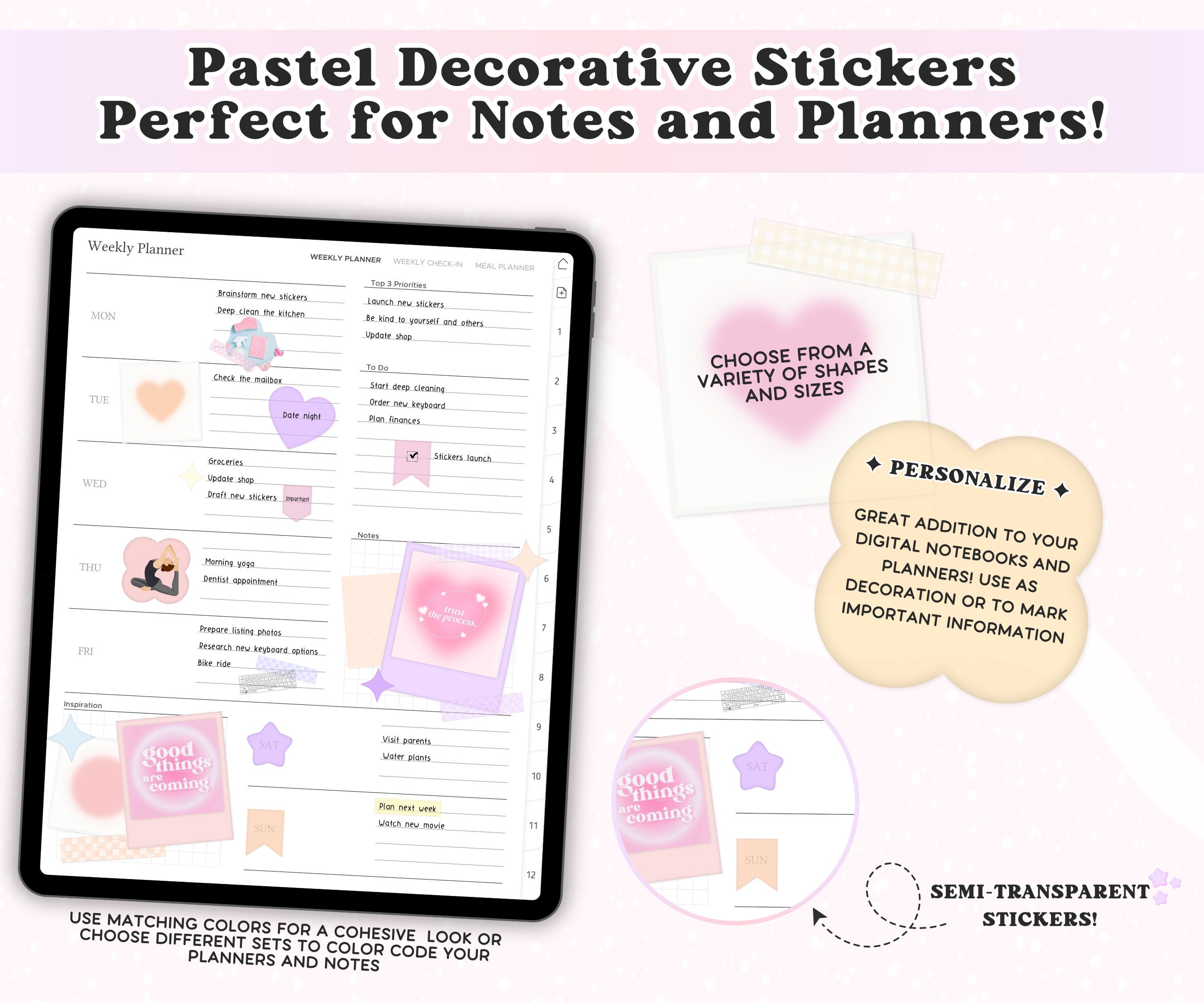 Transparent Digital Stickers Cute Pastel Stickers for Planners - Etsy
