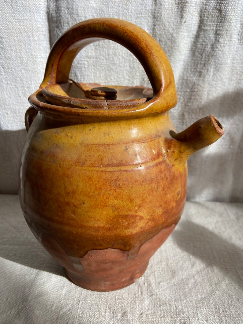 Rare Find! One Antique Yellow Water Jug With Lid Ochre Glaze Handmade ...