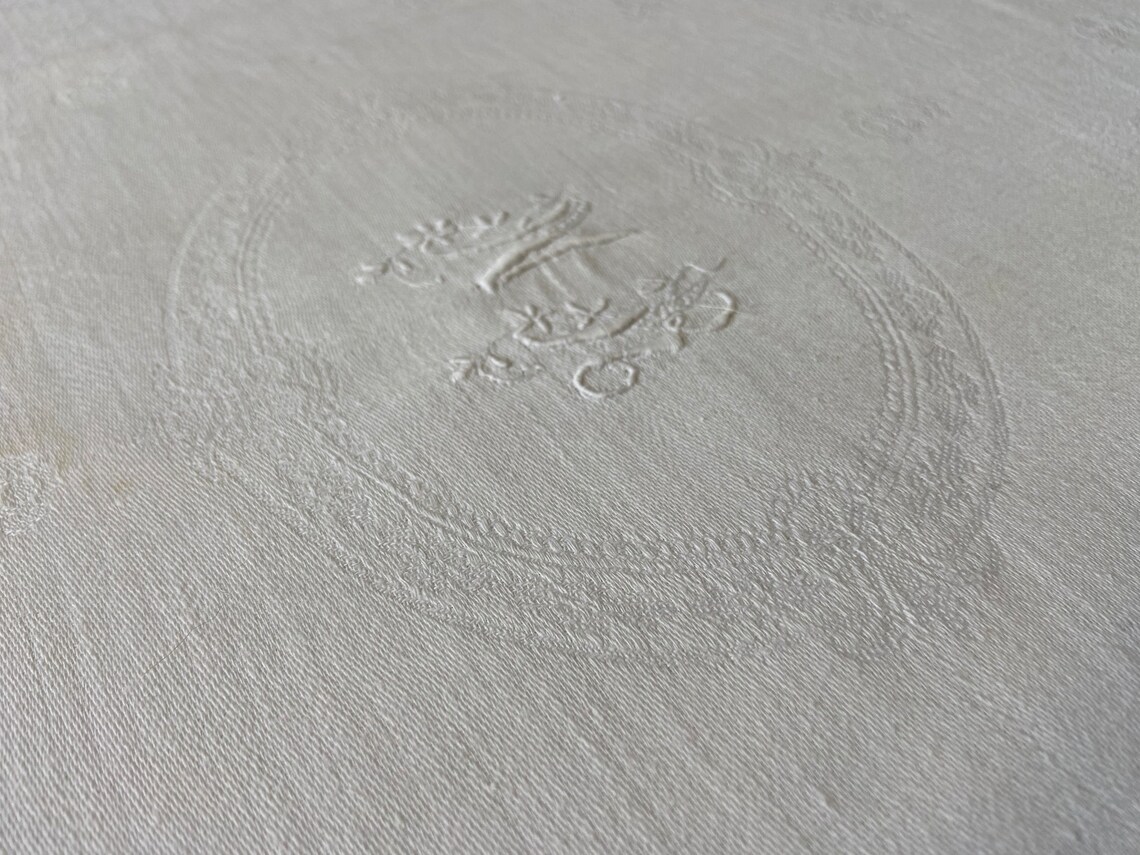 One Rectangle French Antique Hand Embroidered Damask Weave Flax and ...