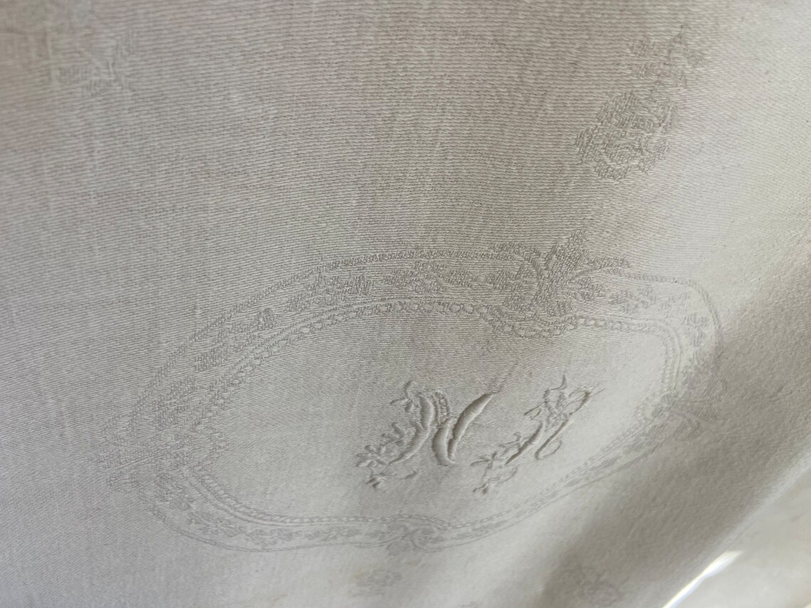 One Rectangle French Antique Hand Embroidered Damask Weave Flax and ...