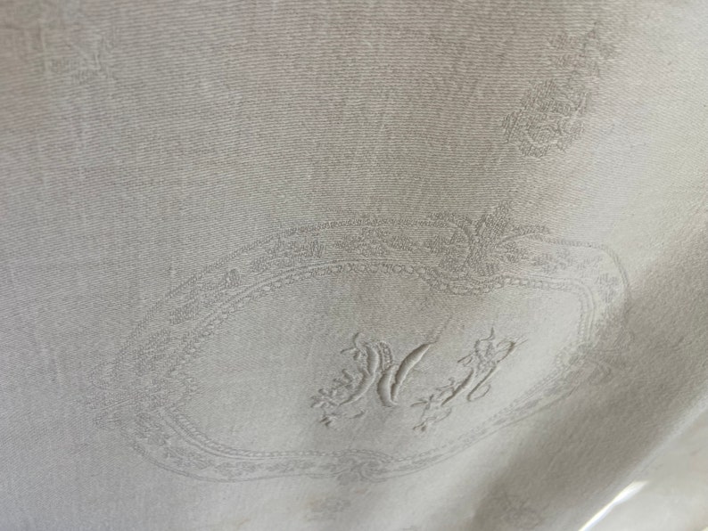 One Rectangle French Antique Hand Embroidered Damask Weave Flax and ...