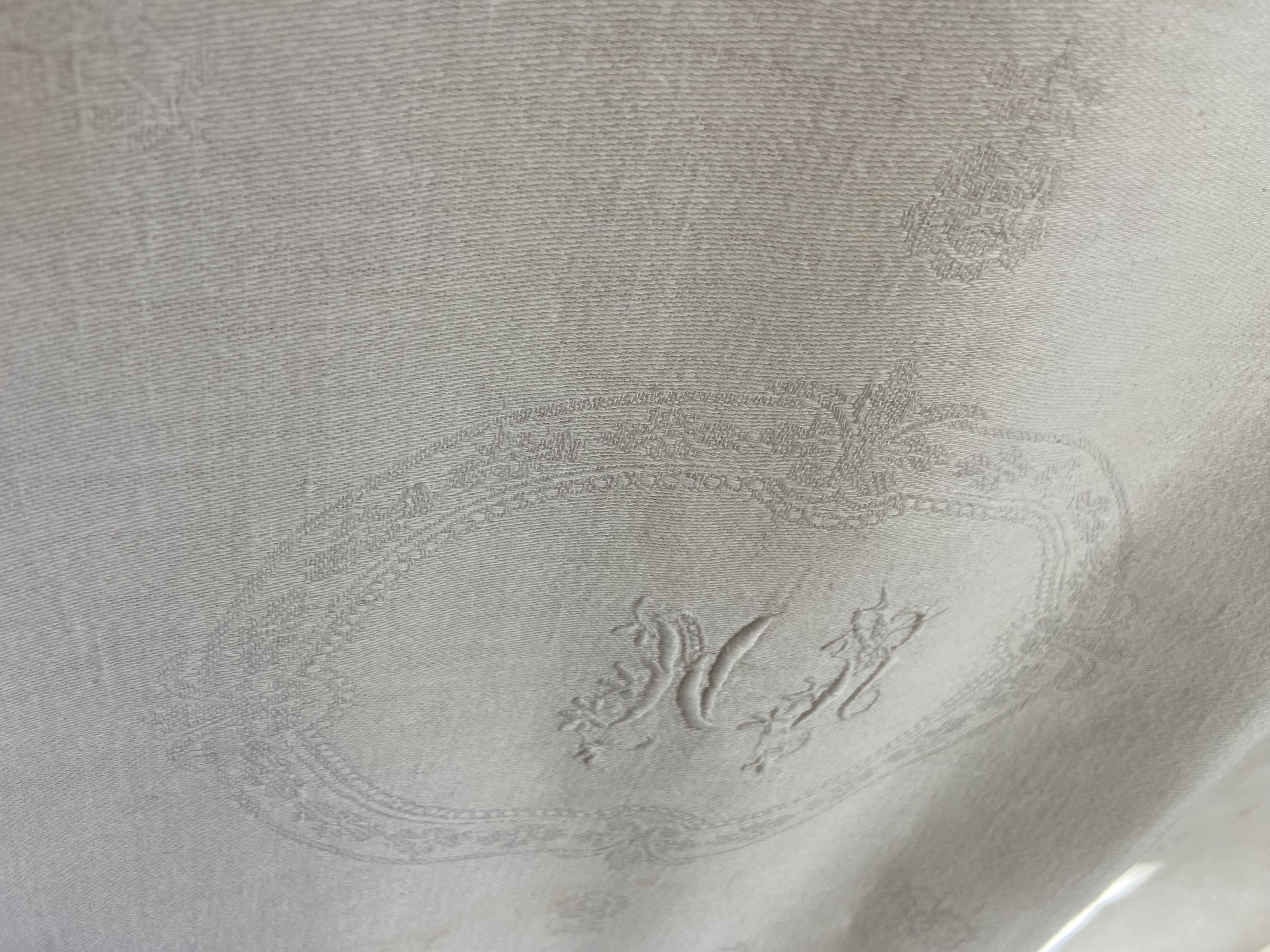 One Rectangle French Antique Hand Embroidered Damask Weave Flax and ...