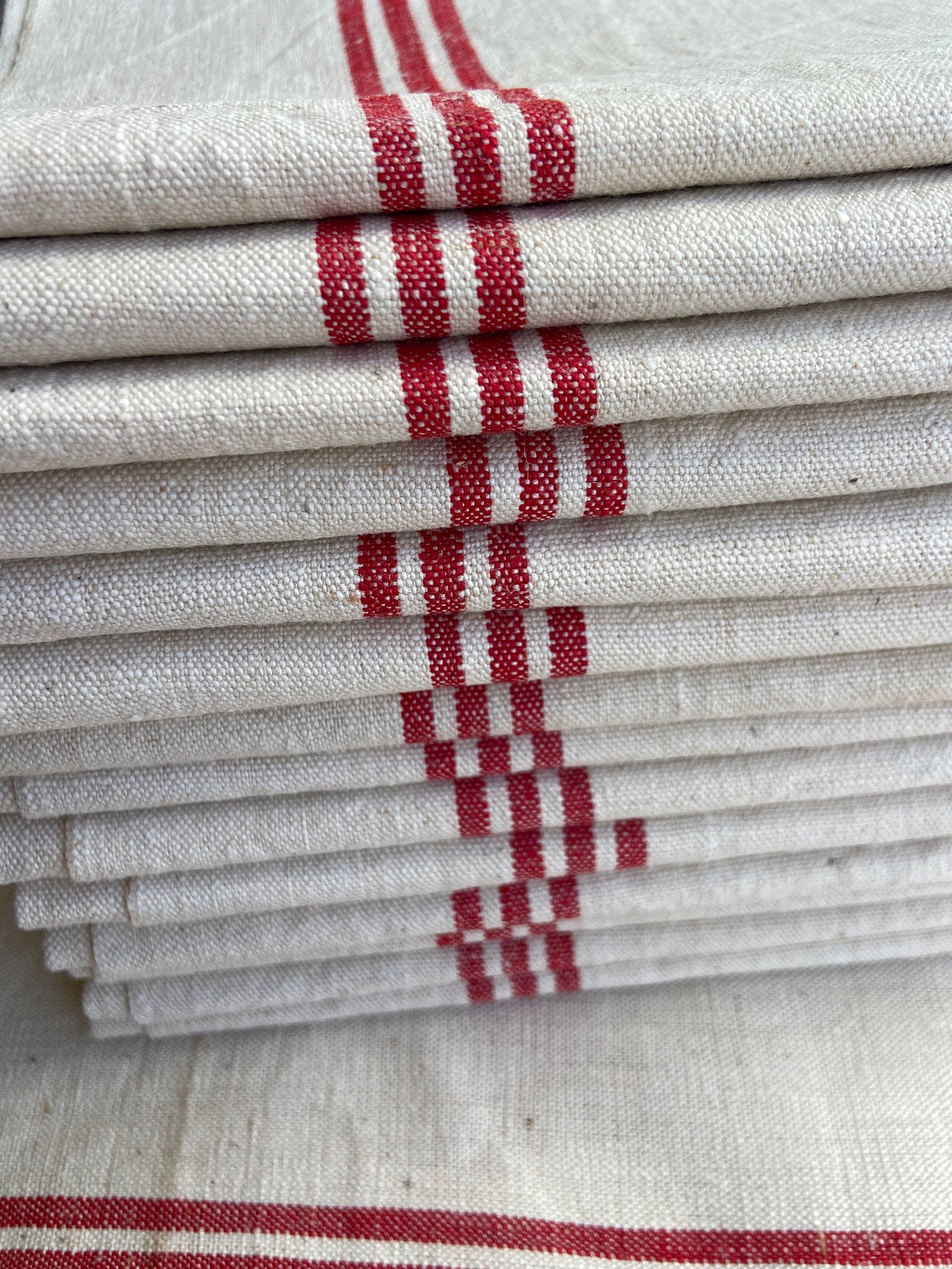 Iconic French Antique Pure Brown Flax Linen Kitchen Towels With Two Red ...