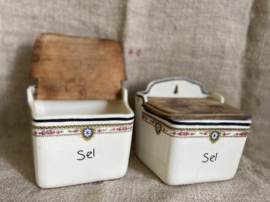 Antique Ceramic Salt Canisters With Wooden Lids, French Country Kitchen ...