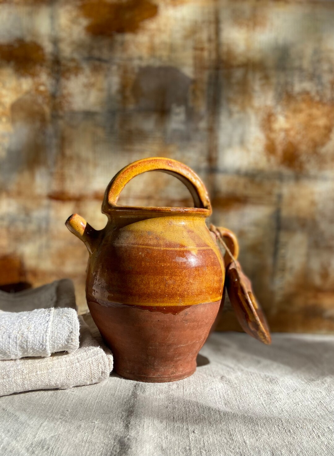 Rare Find! One Antique Yellow Water Jug With Lid Ochre Glaze Handmade ...