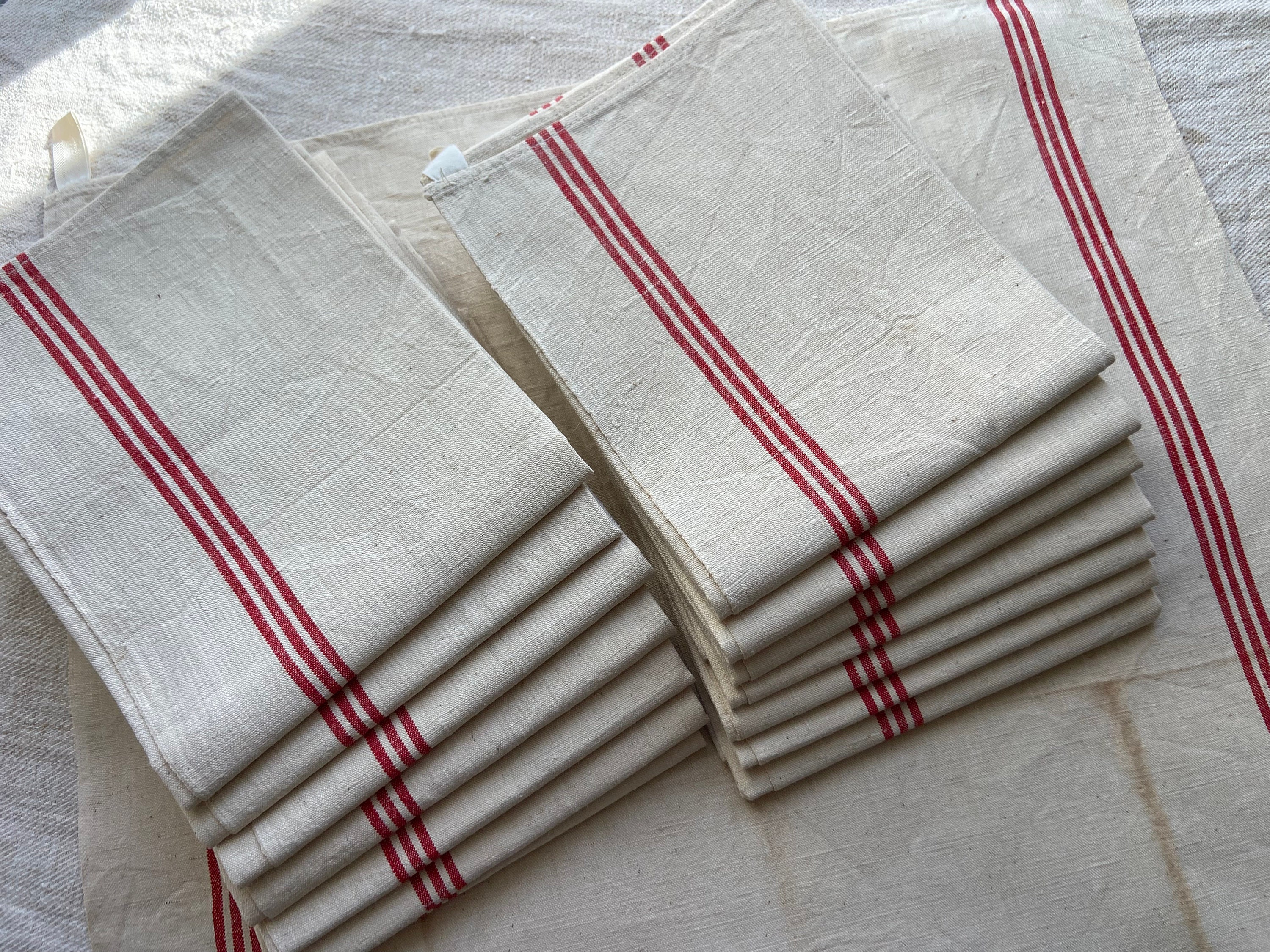 Iconic French Antique Pure Brown Flax Linen Kitchen Towels With Two Red ...