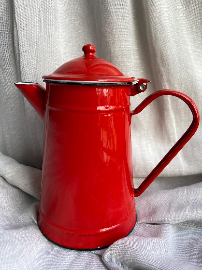 One Bright Red Vintage Enamel Kettle, Pitcher From France, Tea Pot ...
