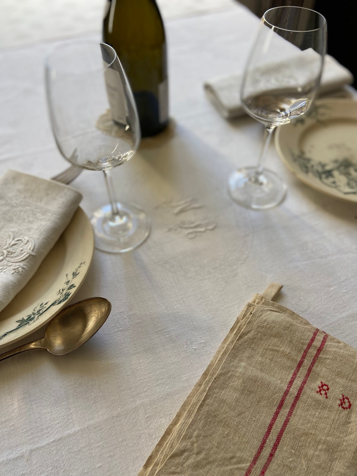 One Rectangle French Antique Hand Embroidered Damask Weave Flax and ...