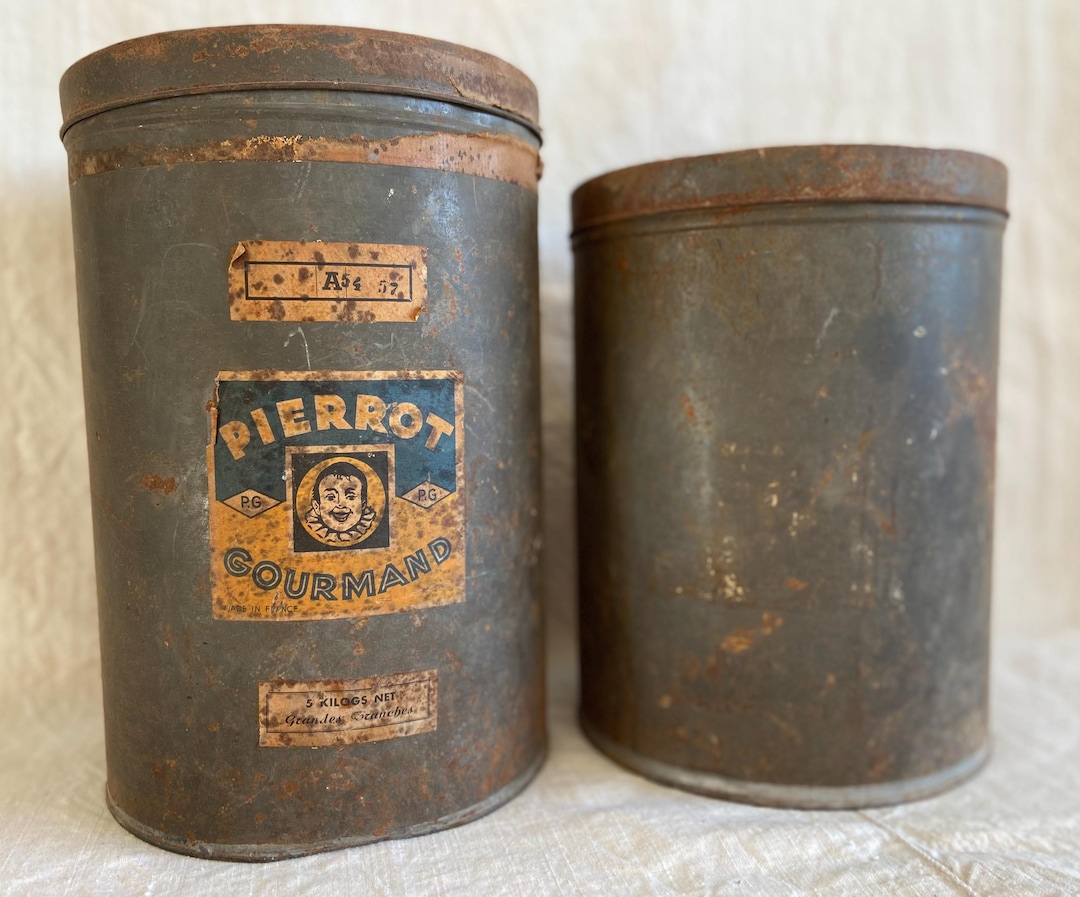 Antique Very Large Round Tin Boxes With Lids, Pierrot Gourmand Paris ...