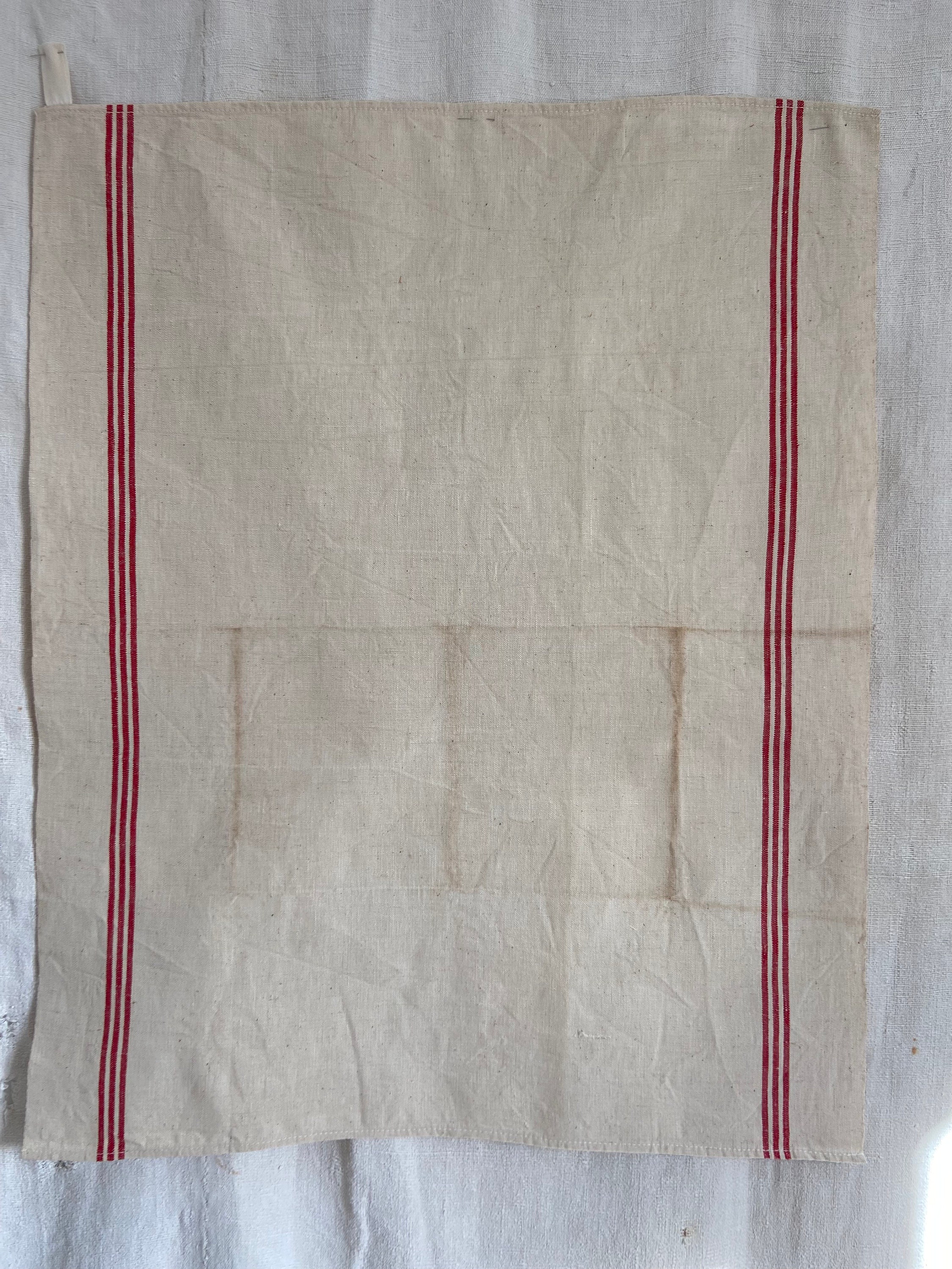 Iconic French Antique Pure Brown Flax Linen Kitchen Towels With Two Red ...