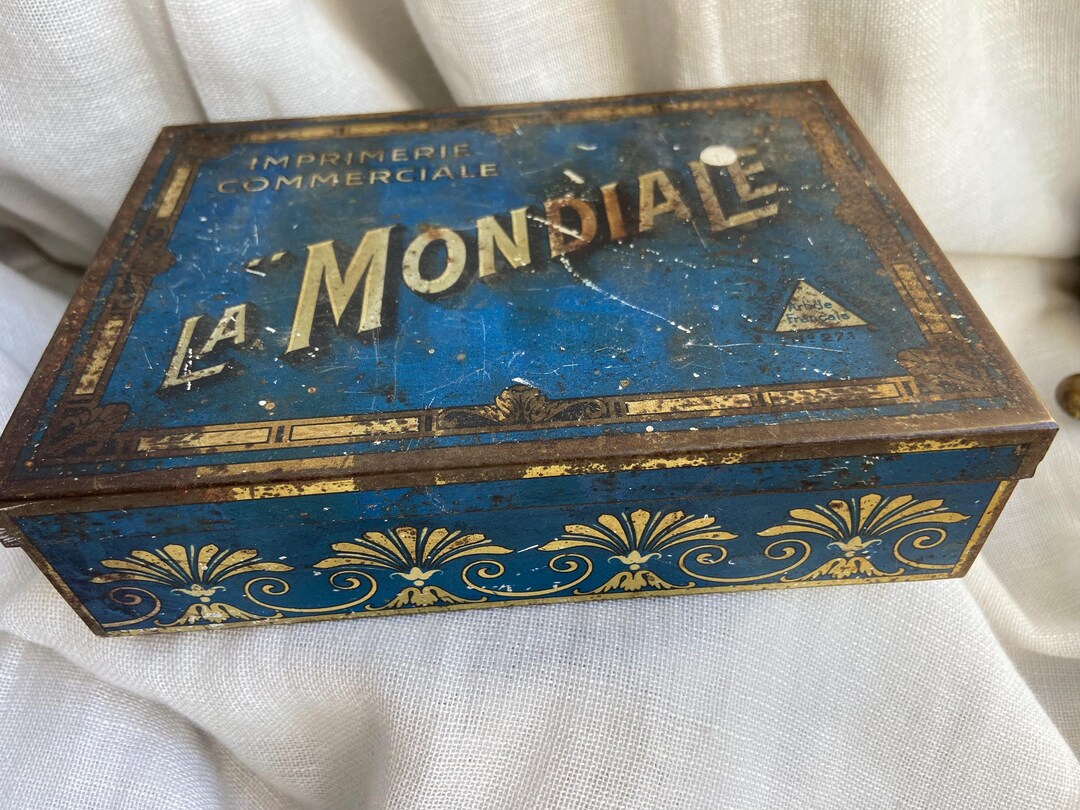 One Antique Printer's Tin Box With Hinged Lid, Royal Blue and Gold ...