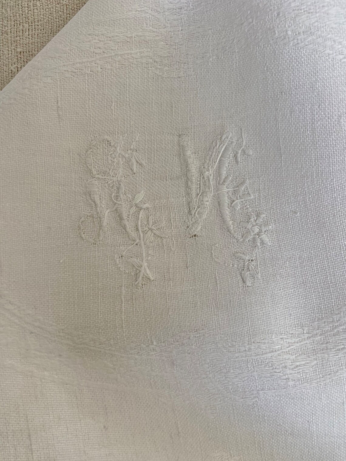 One Rectangle French Antique Hand Embroidered Damask Weave Flax and ...