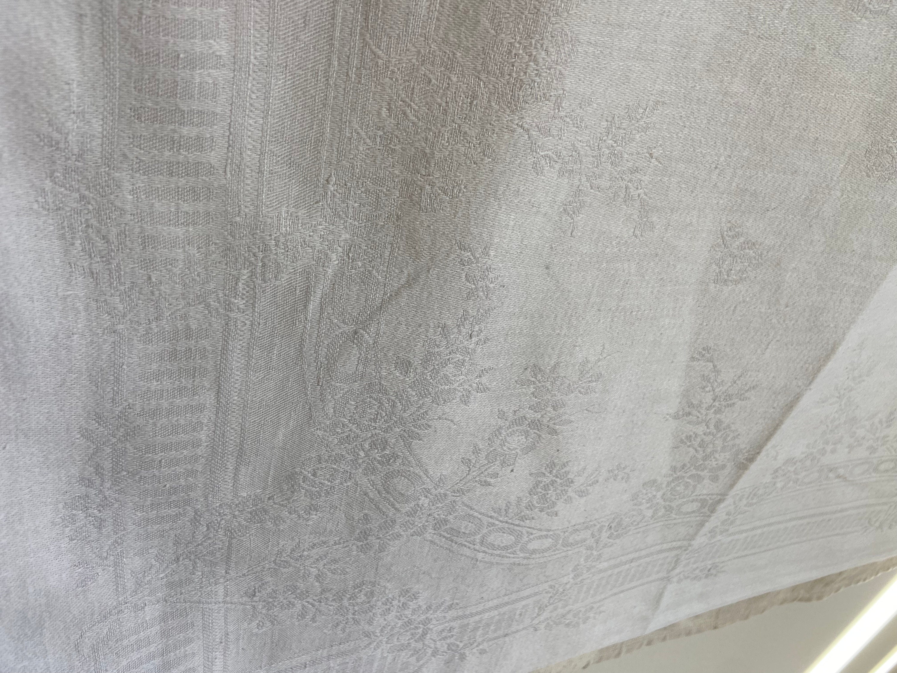 One Rectangle French Antique Hand Embroidered Damask Weave Flax and ...