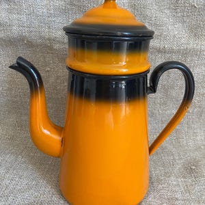 A Beautiful Orange and Black Enamel Coffee Pot From France, Tea Pot ...