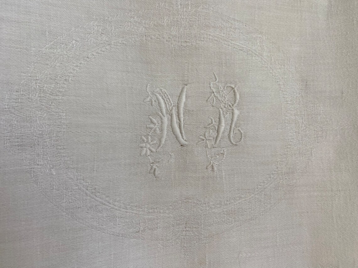 One Rectangle French Antique Hand Embroidered Damask Weave Flax and ...