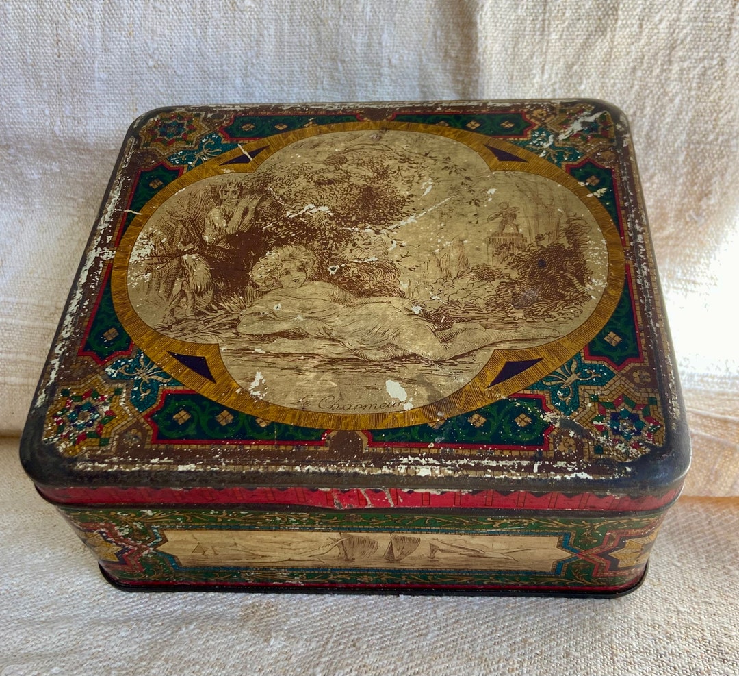 Vintage Storage Tin Box With Hinged Lid, "le Charmeur" Theme ...