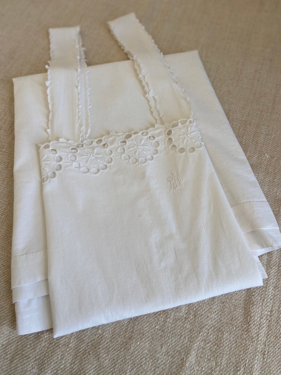 Vintage Monogram RH Authentic Pure Cotton Linen Fabric Nightgown, Hand ...