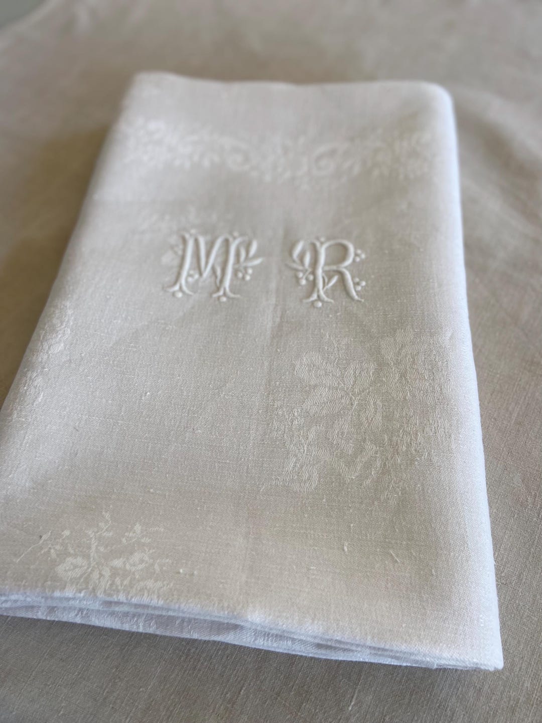 One French Antique Tablecloth With Rose Flowers and Buds, Hand ...