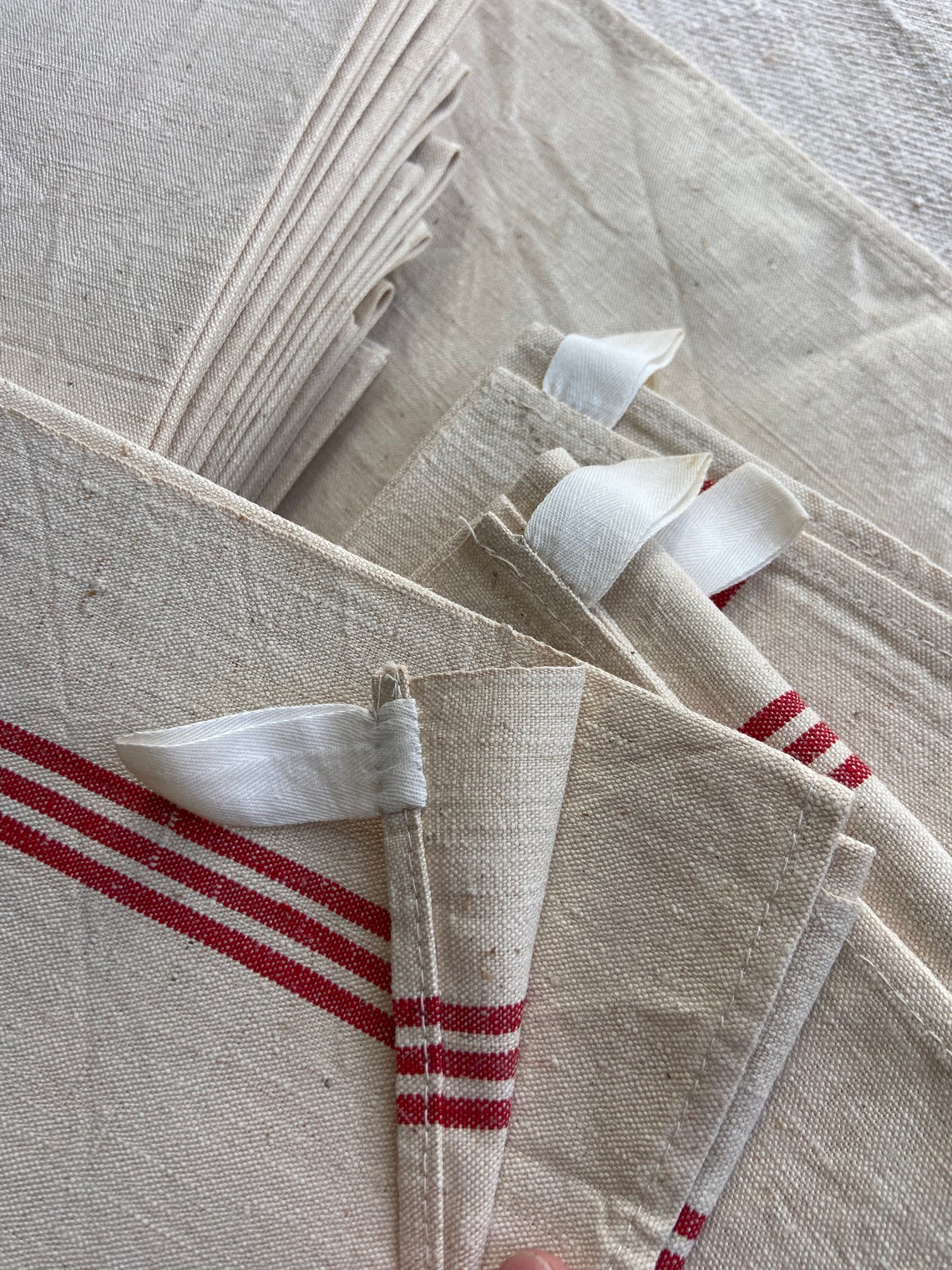 Iconic French Antique Pure Brown Flax Linen Kitchen Towels With Two Red ...