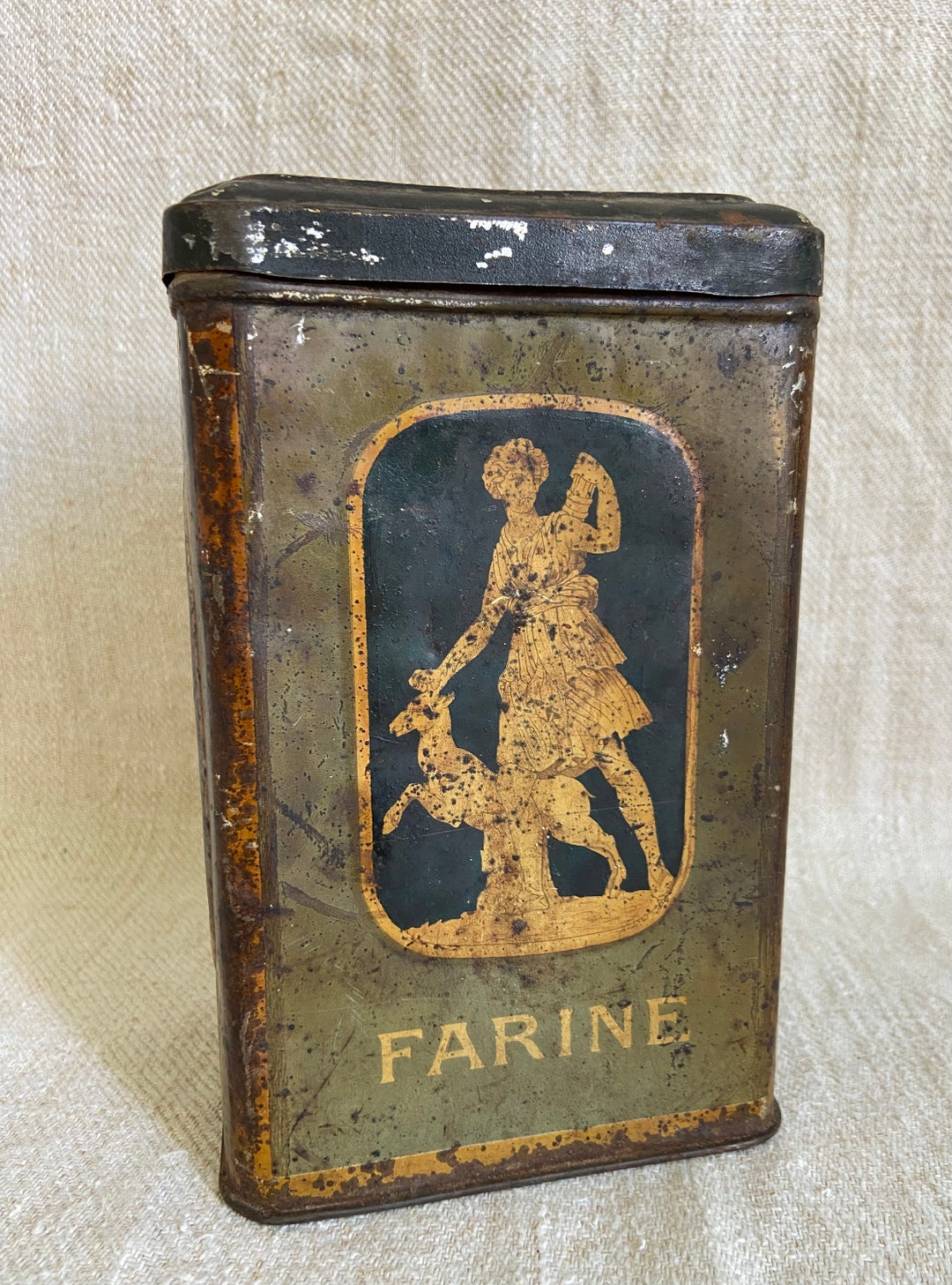 One Antique Greek Figurine Flour Tin Box With Hinged Lid, French ...