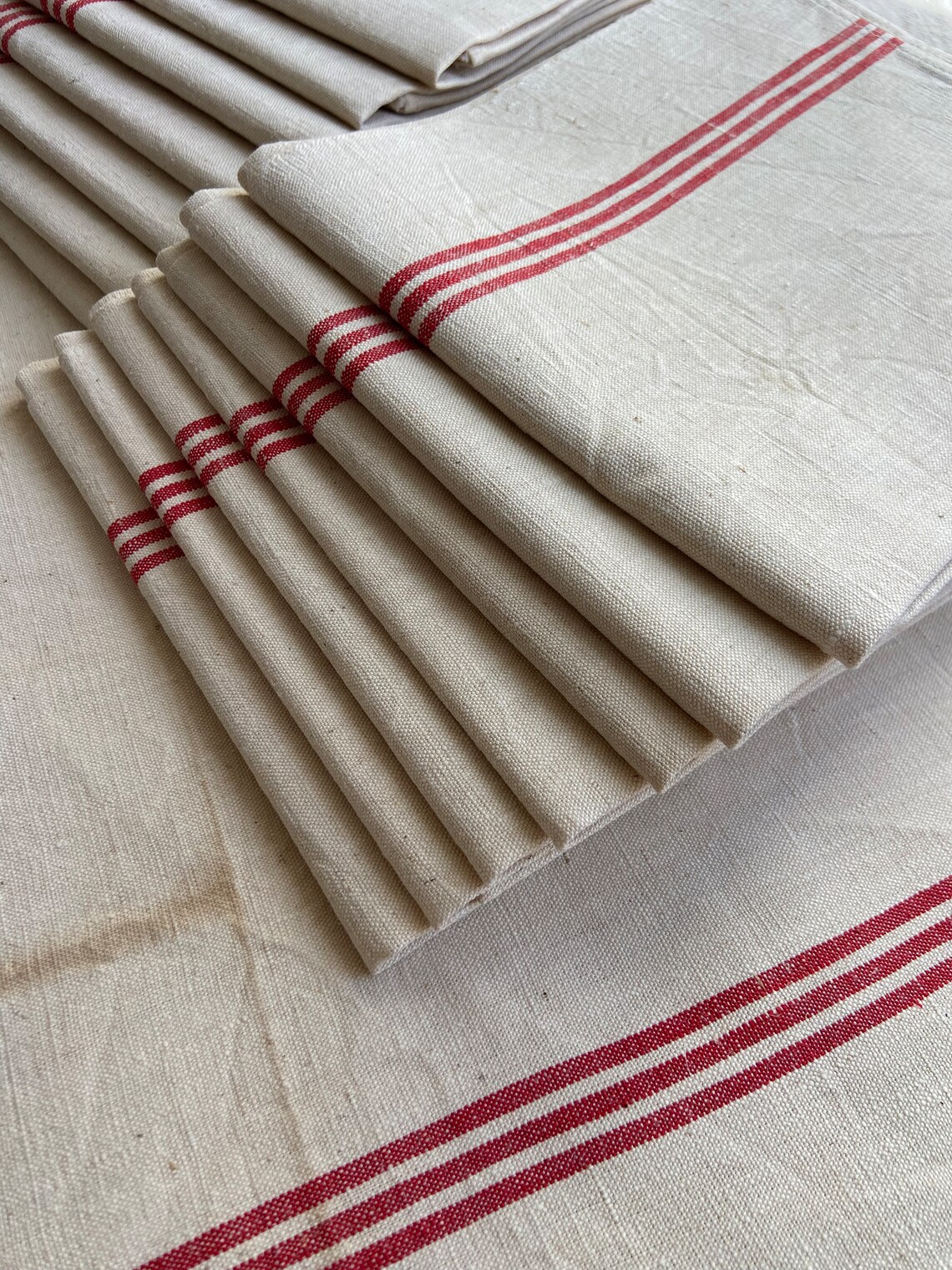 Iconic French Antique Pure Brown Flax Linen Kitchen Towels With Two Red ...