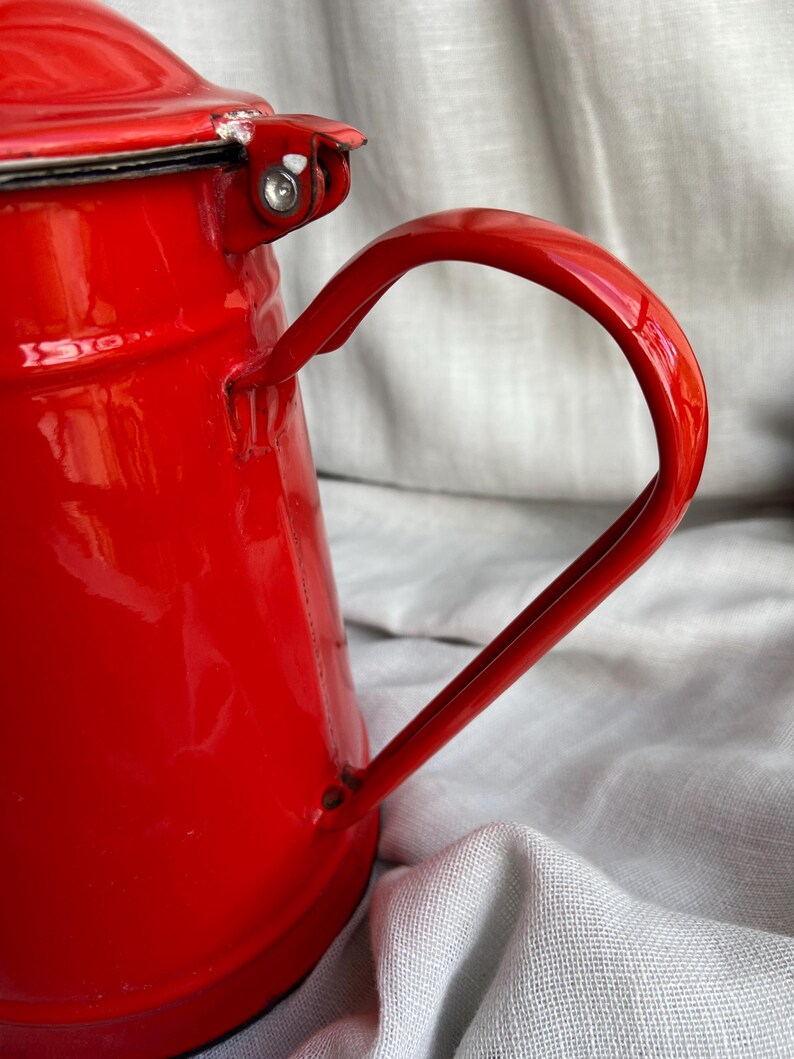 One Bright Red Vintage Enamel Kettle, Pitcher From France, Tea Pot ...