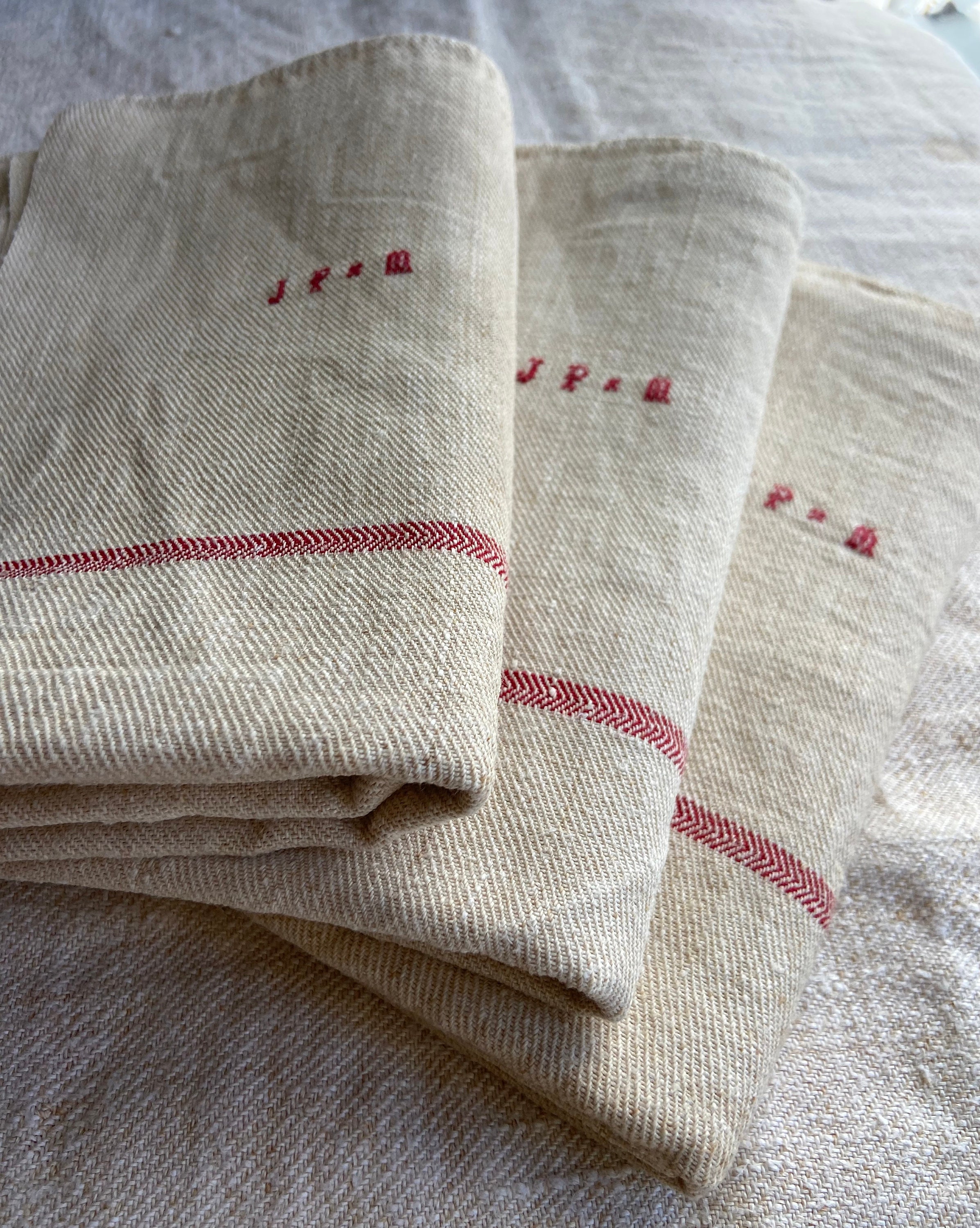 Rare Find Red Cross Stitch Monogram JPM, Antique Heavy Hemp Weave ...