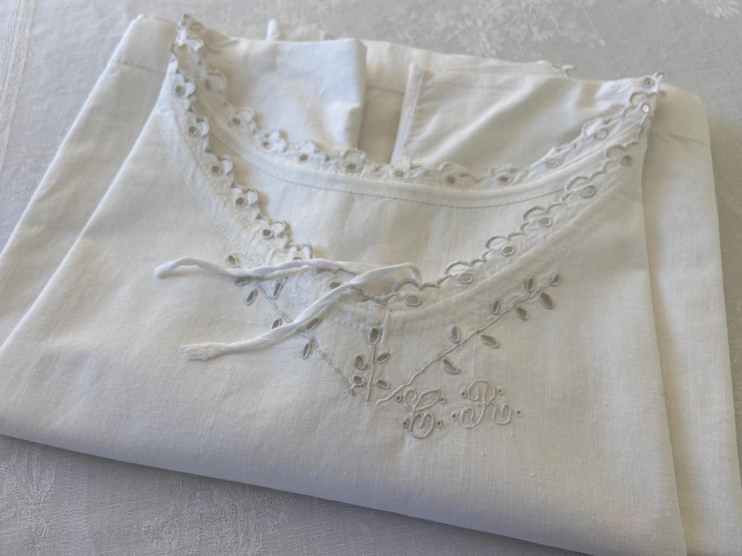Monogram CR, Authentic Cotton Linen Fabric Nightgown XXL, Hand Stitched ...