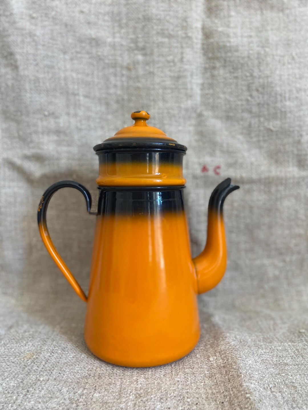 A Beautiful Orange and Black Enamel Coffee Pot From France, Tea Pot ...