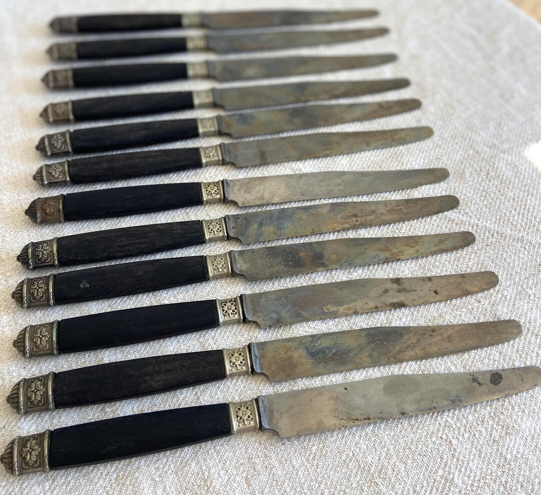 12 Antique French Knives With Ebony Handle, Silver Metal Knives in ...