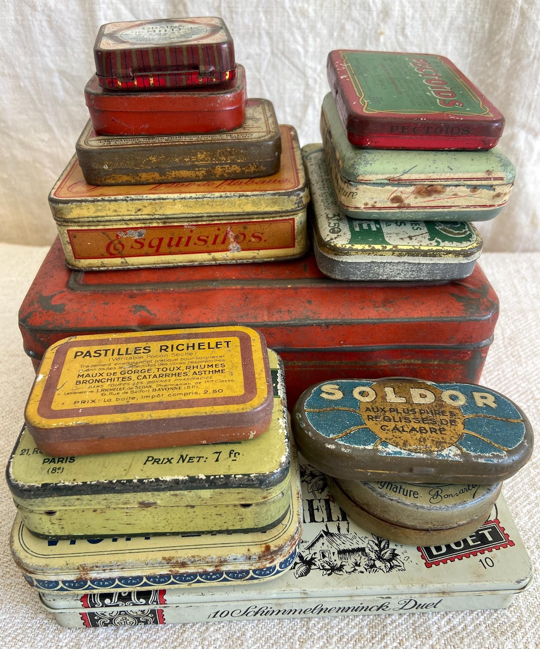 Set of 14 Antique Tin Boxes in Various Sizes and Hinged Lid, French ...