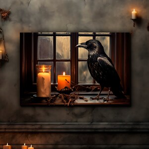 Raven by the Window Canvas Wall Art Painting Creepy Print Pumpkin Dark ...