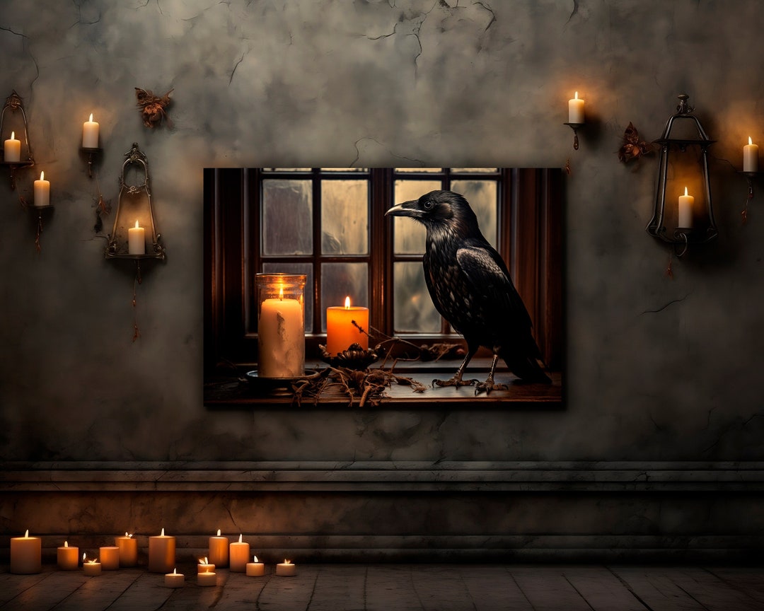 Raven by the Window Canvas Wall Art Painting Creepy Print Pumpkin Dark ...