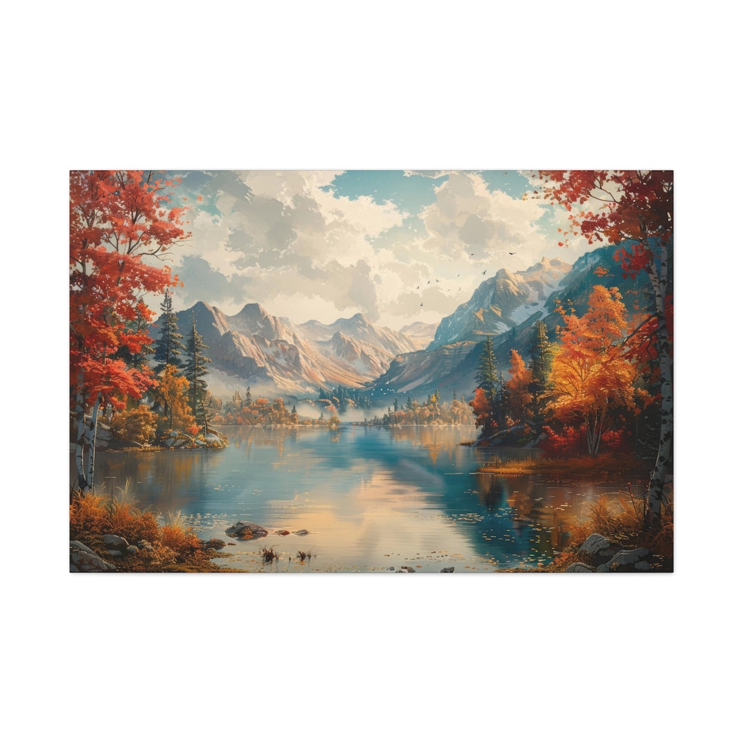 Bob Ross Oil Painting Nature Fall Landscape Wall Art Mountain Range ...