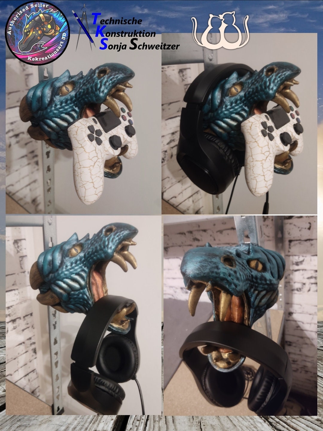Dragon Head Handpainted | Gaming Controller and Headphone Stand | Dragon | Headphone Holder ...