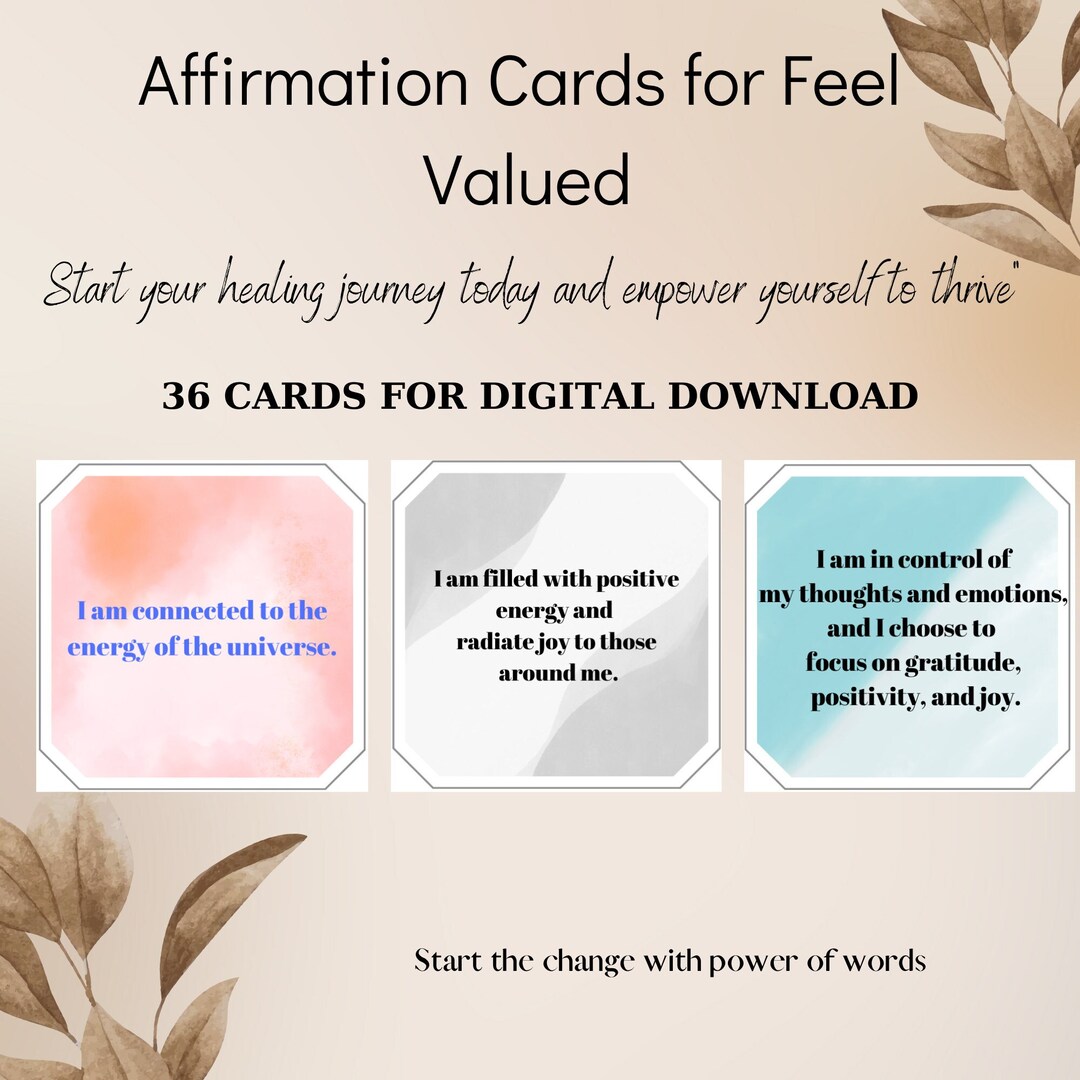 36 Affirmation Cards for Feel Valued, Printable Positive Affirmation ...